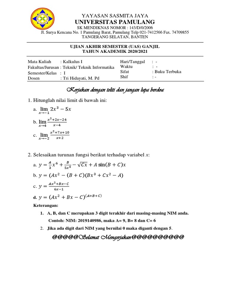 Soal Uas Kalkulus 1 - Vcon | PDF | Metode & Bahan Ajar | Seni