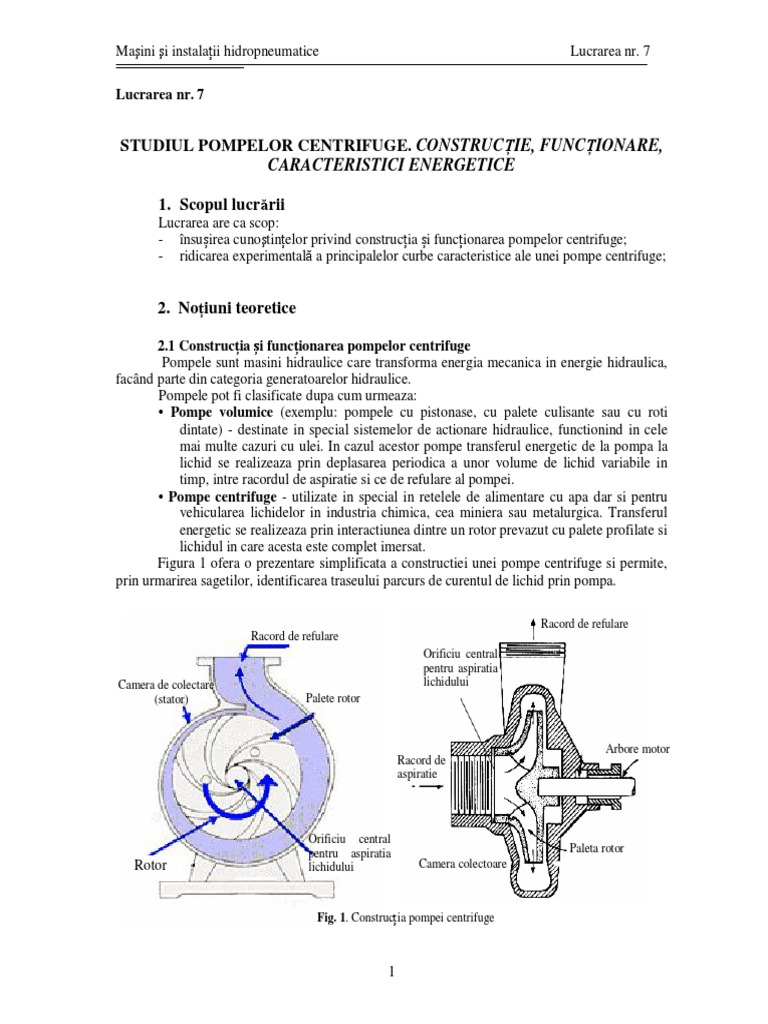 Studiul Pompelor Centrifuge. Scopul Lucrării: Construcţie, Funcţionare ...
