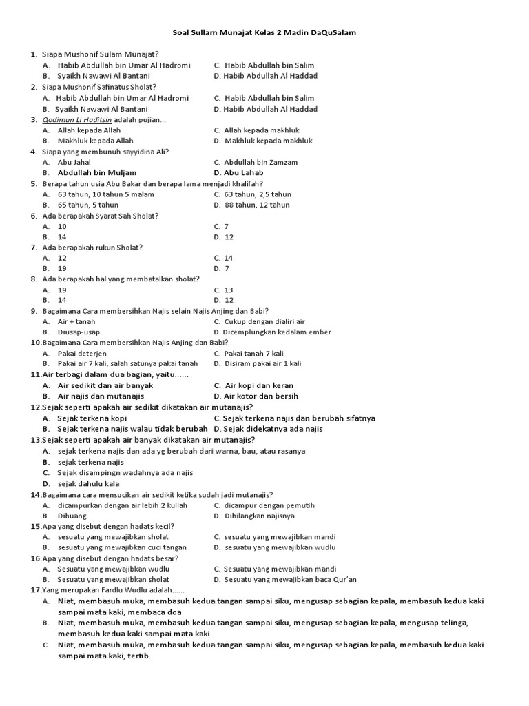 Soal Sullam Munajat Kelas 3 Madin DQS | PDF | Gaya Hidup
