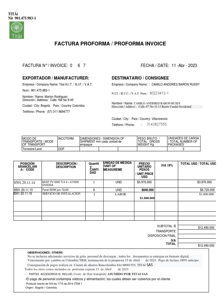 Proforma 067 Panel Inv e Instala | PDF