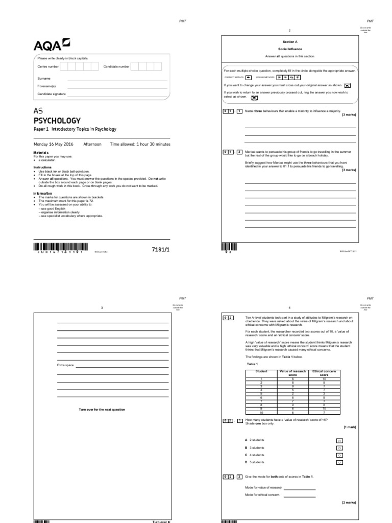 Psychology Paper 1 AS 2016 | PDF