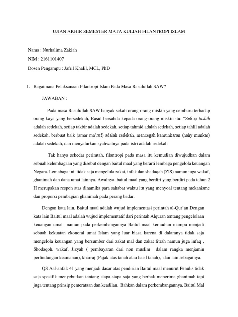 UAS Filantropi Islam Nurhalima Zakiah - 2161101407 | PDF