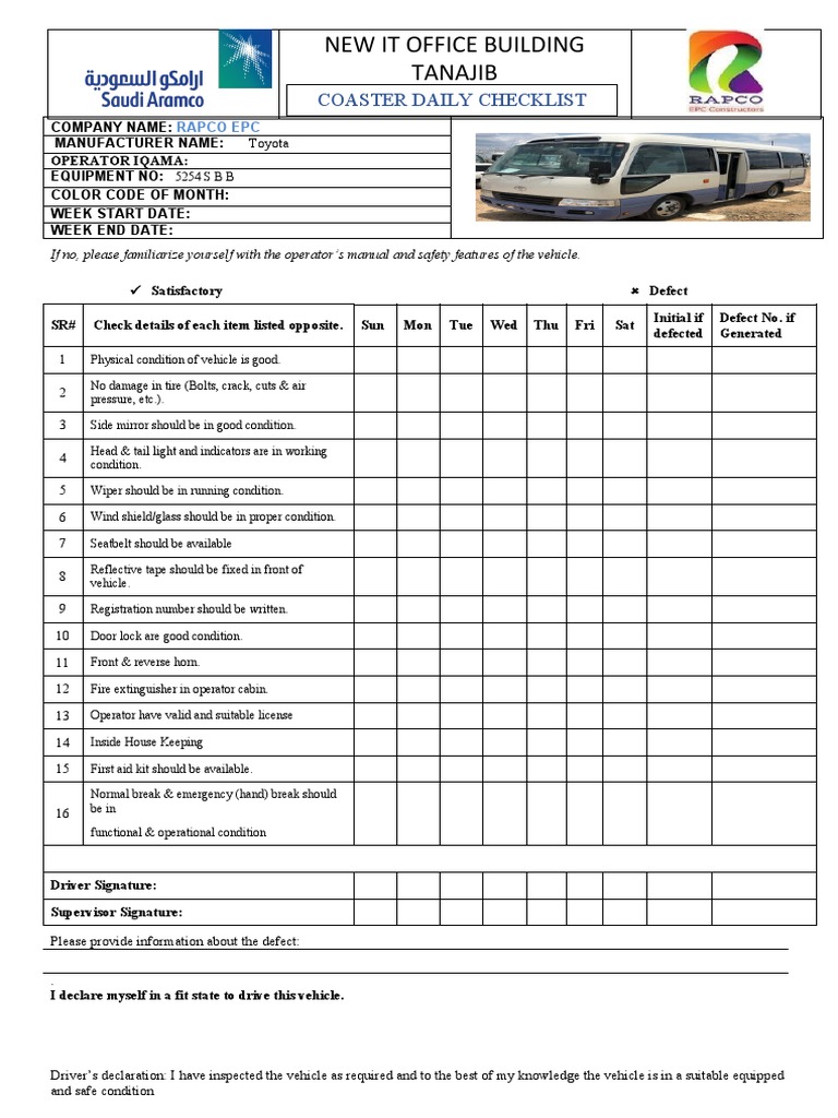 COASTER DAILY CHECKLIST | PDF