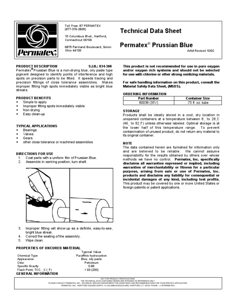 Permatex Prussian Blue Technical Data Sheet | Chemistry | Nature
