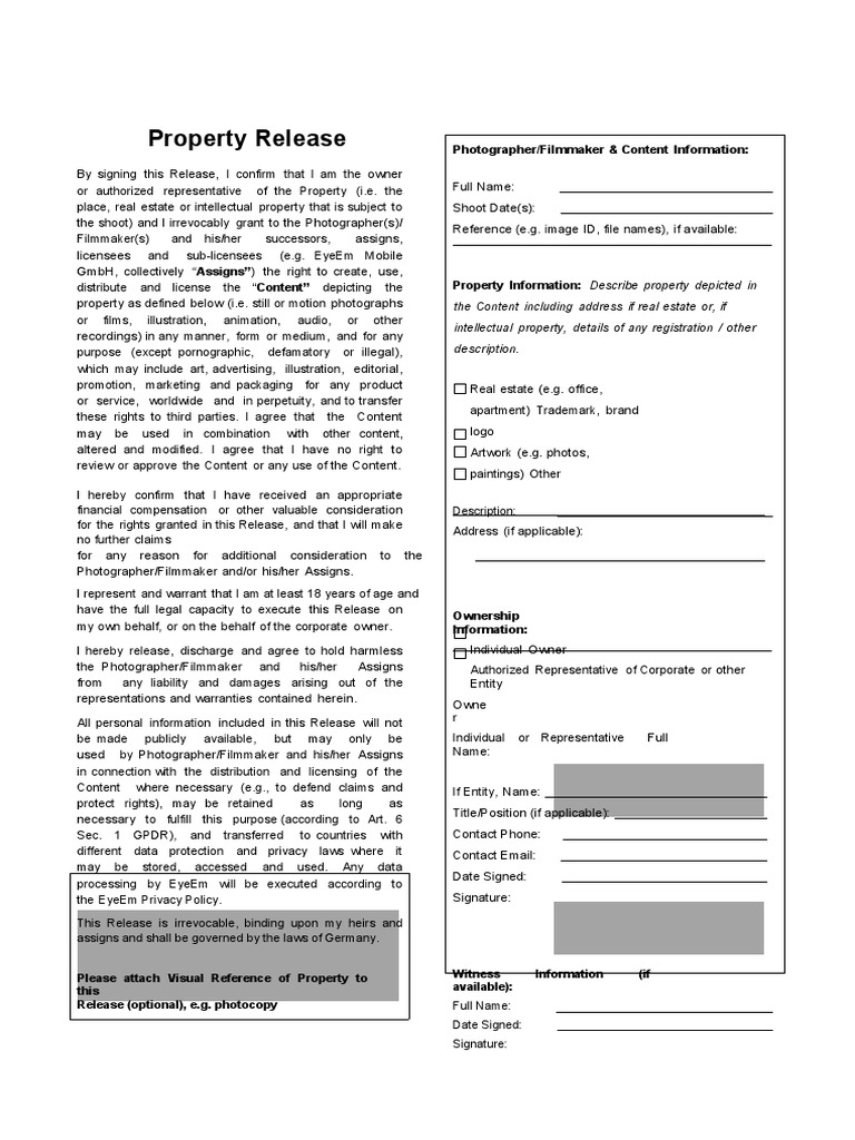 Property Release Agreement for EyeEm | PDF