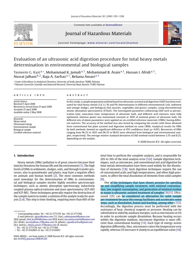 Evaluation of An Ultrasonic Acid Digestion Procedure For Total Heavy ...