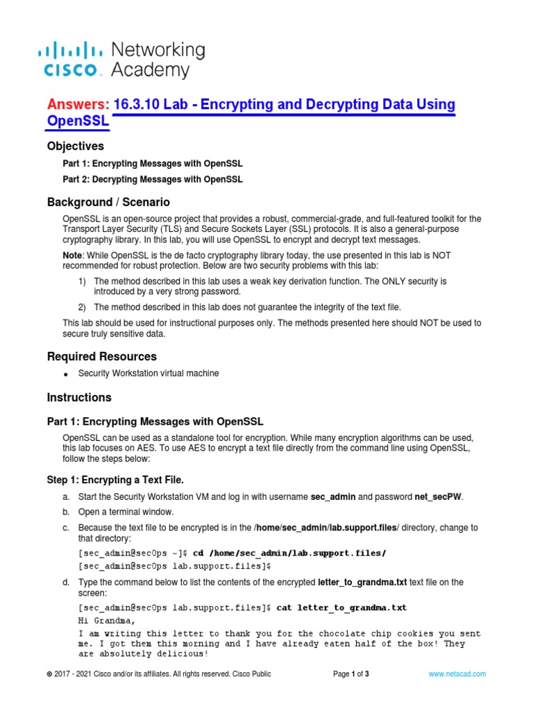 16.3.10 Lab - Encrypting and Decrypting Data Using OpenSSL | PDF 16.3.10 Lab - Encrypting and Decrypting Data Using OpenSSL | PDF