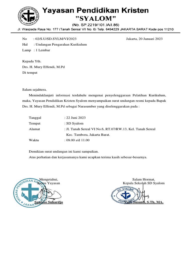 Srt. Undangan Pengarahan Kurikulum SD Syalom | PDF