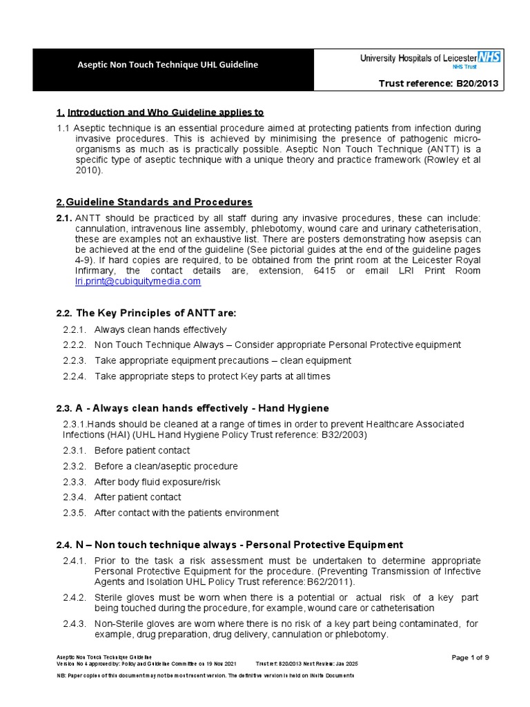 Aseptic Non Touch Technique UHL Guideline | PDF | Intravenous Therapy ...