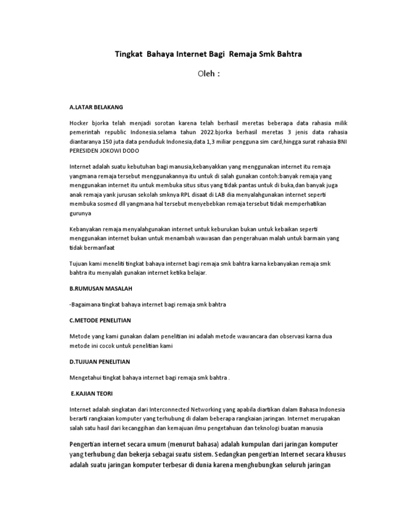 Tingkat Bahaya Internet Bagi Remaja SMK Bahtra | PDF | Ilmu Sosial