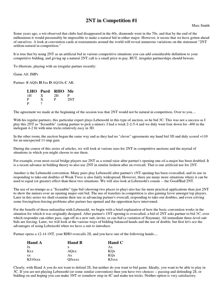 Lebensohl and 2NT Bidding Strategies | PDF | Auction | Contract Bridge
