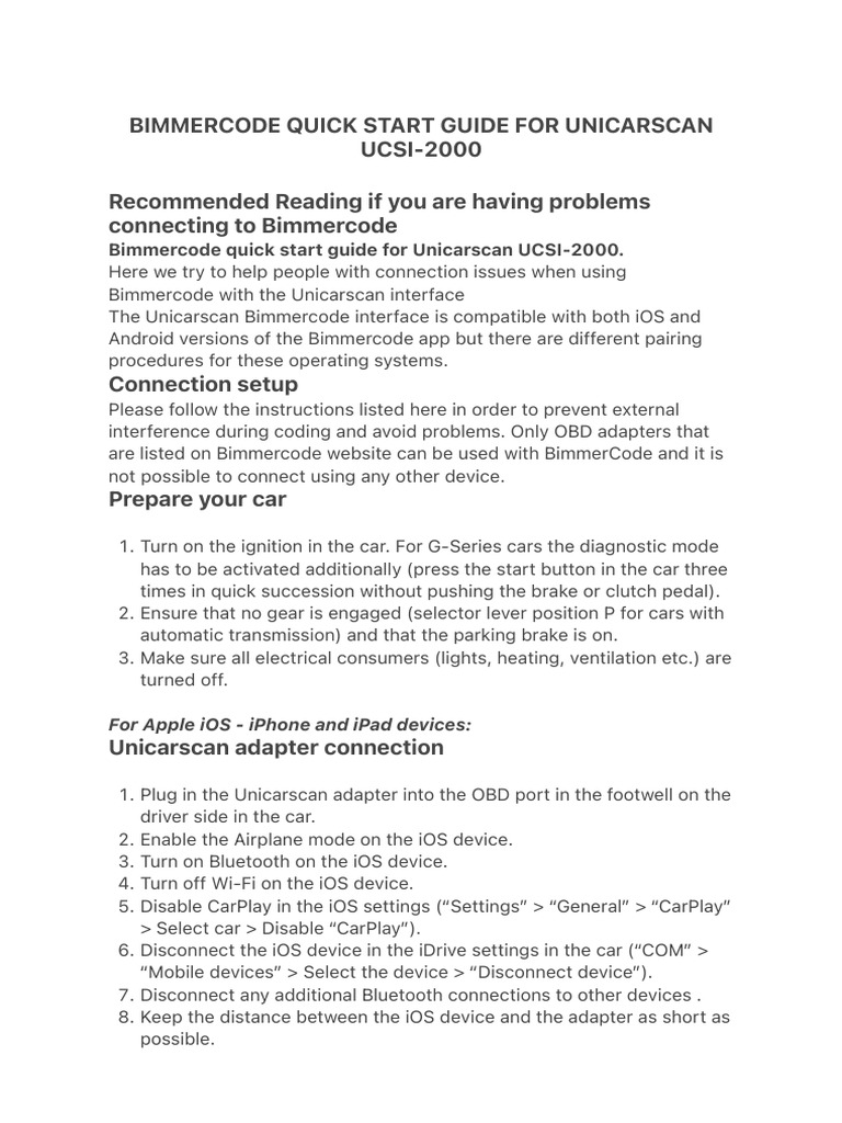 Bimmercode Quick Start Guide For Unicarscan Ucsi-2000 | PDF | Ios | Backup