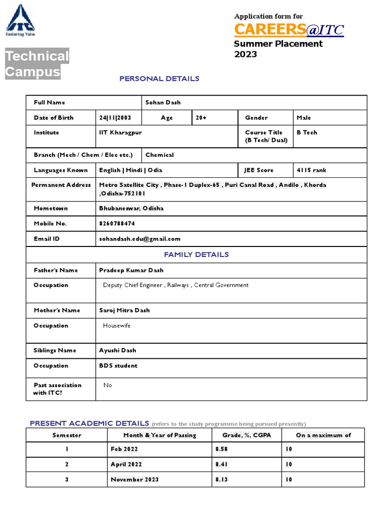 ITC Internship Application | PDF