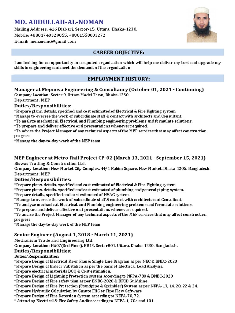 CV Abdullah Al Noman MEP Engineer 6years | PDF | Fire Sprinkler System ...