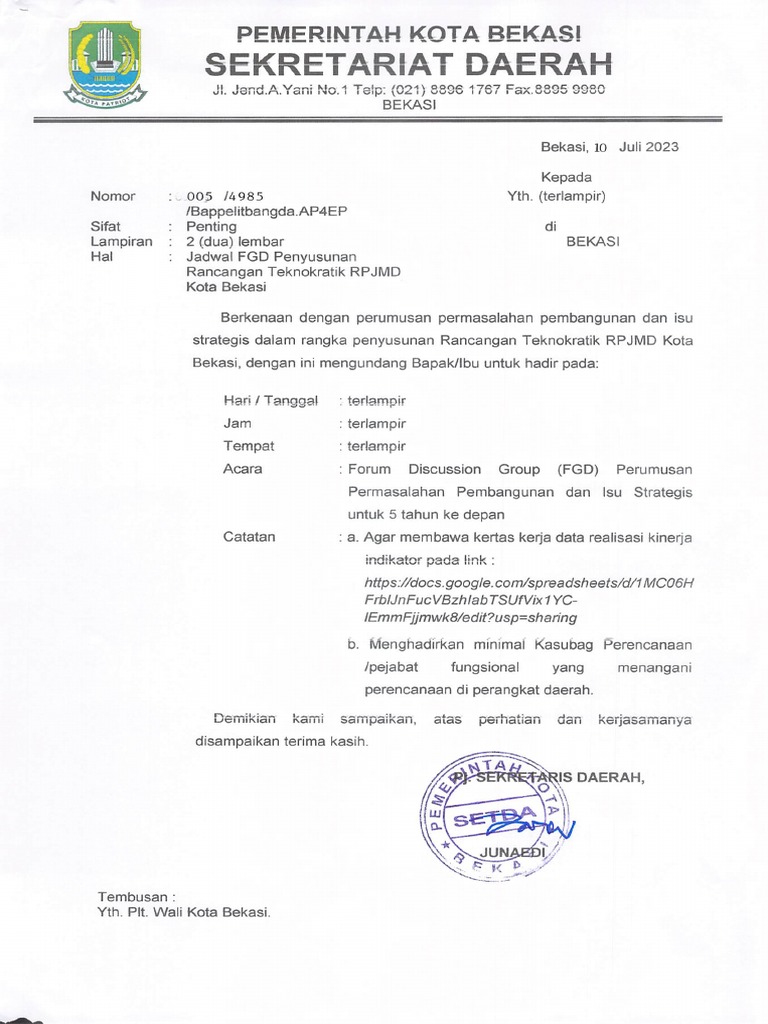 249.undangan Jadwal FGD Penyusunan Rantek RPJMD | PDF