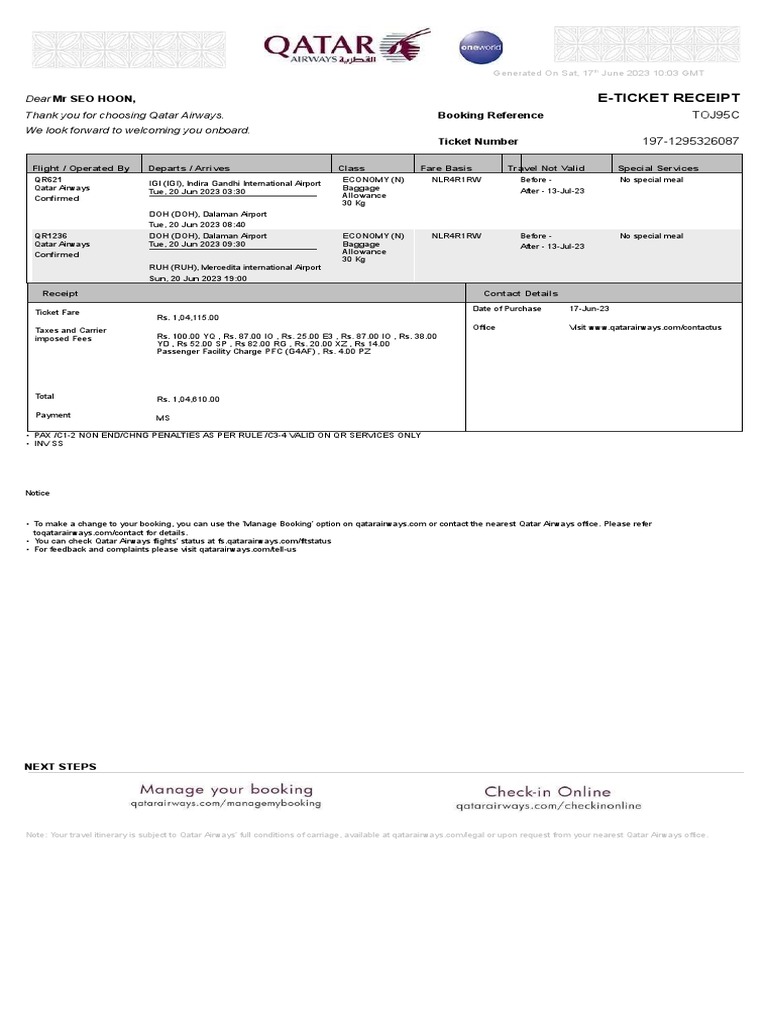 E Ticket Receipt | PDF