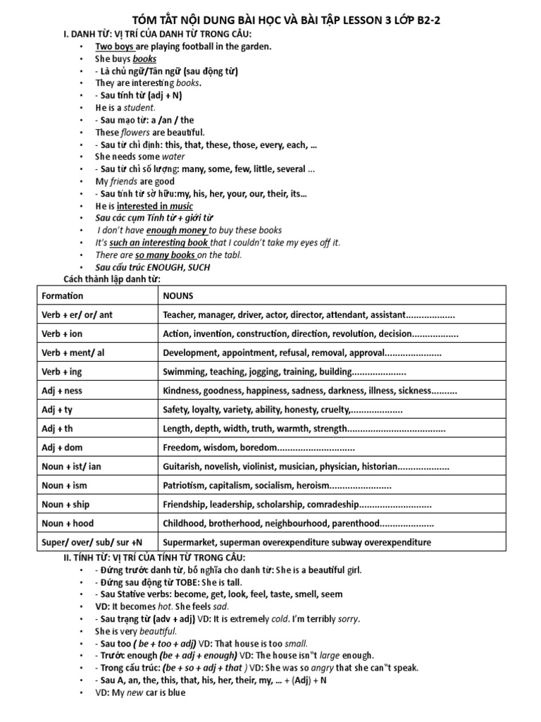 TÓM TẮT NỘI DUNG BÀI HỌC VÀ BÀI TẬP LESSON 3 LỚP B2 | PDF | Preposition And Postposition | Adverb