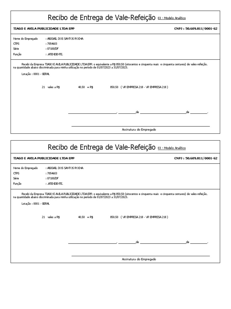 Recibo de Entrega de Vale-Refeição | PDF | Finanças e Administração de ...
