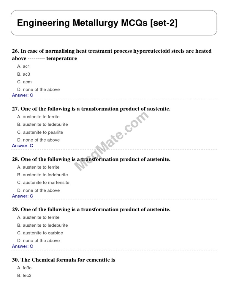 Engineering-Metallurgy-Set-2 Mcqmatecom | PDF | Technology & Engineering