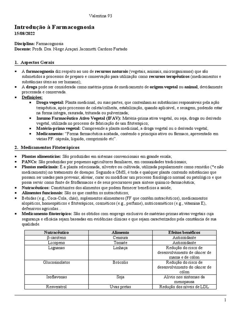 Aula 01 - Introdução À Farmacognosia | PDF