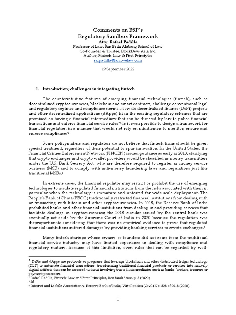 Comments On BSP Regulatory Sandbox - Padilla (2022) | PDF | Money ...