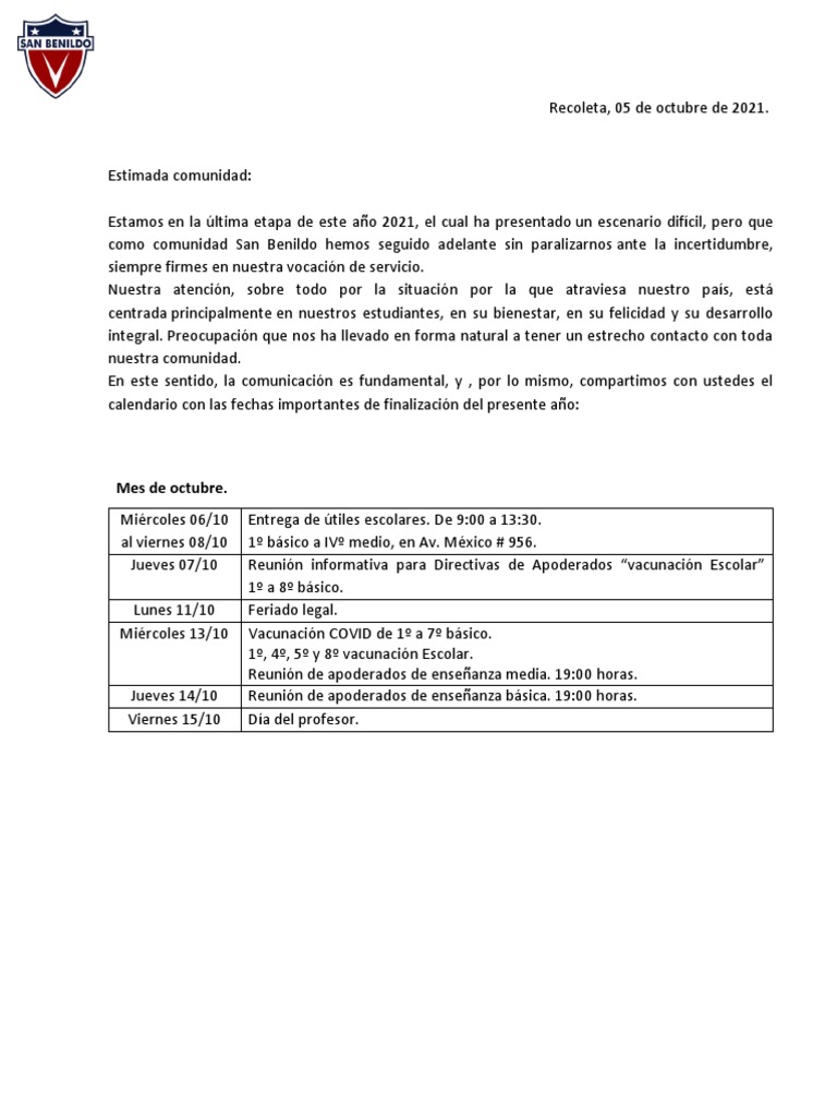 Comunicado Apoderados | PDF