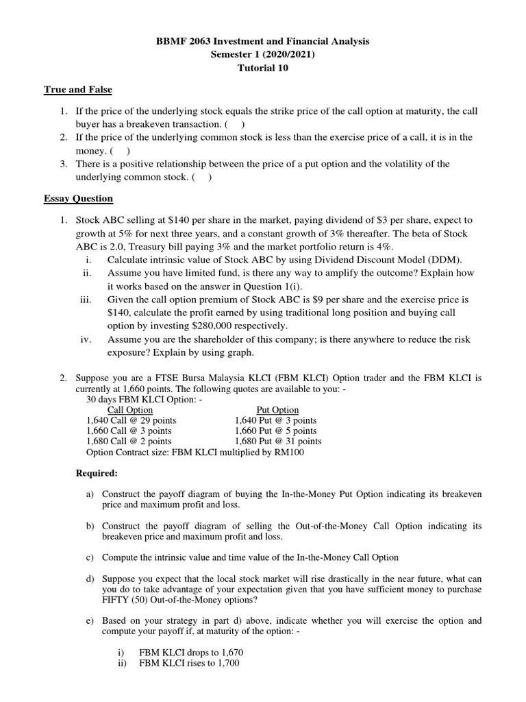 BBMF2063 Tutorial Questions - 202306-10 | PDF | Option (Finance) | Stocks