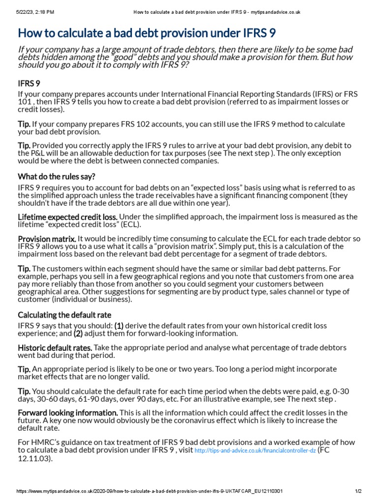 How To Calculate A Bad Debt Provision Under IFRS 9 - Mytipsandadvice ...
