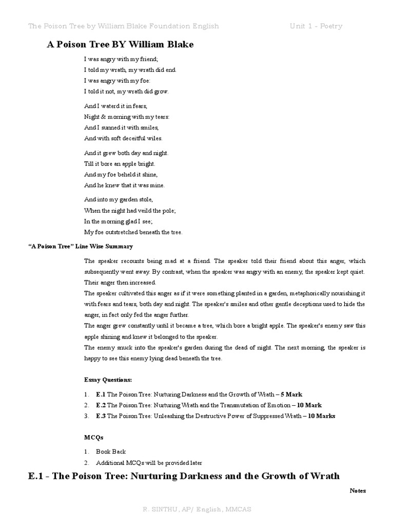 A Poison Tree BY William Blake | PDF | Anger | Emotions