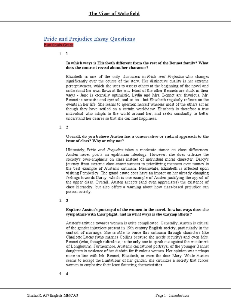 Pride and Prejudice Essay Questions | PDF