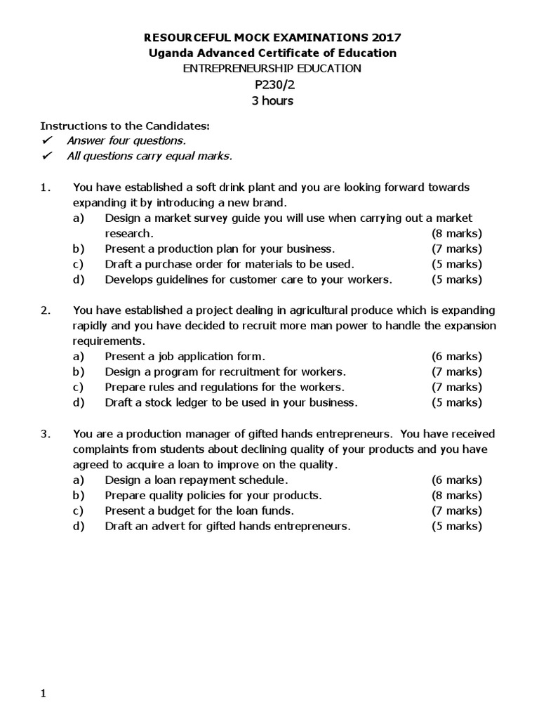 Answer Four Questions. All Questions Carry Equal Marks.: P230/2 3 Hours | PDF | Entrepreneurship ...
