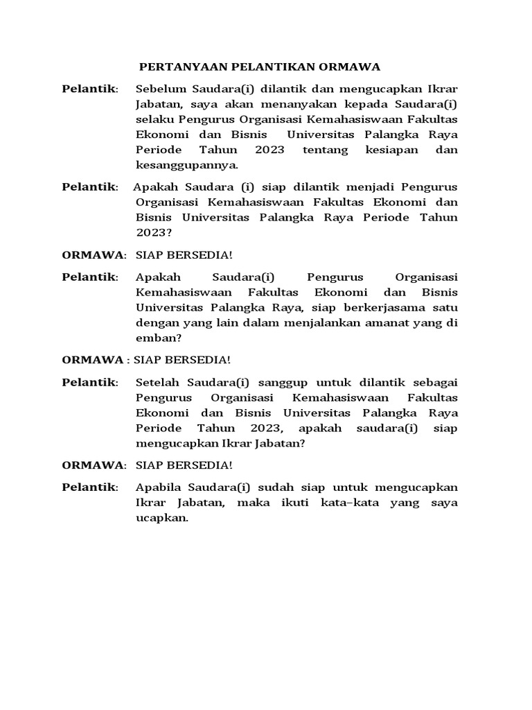 Pelatikan Dan Ikrar Jabatan Ormawa (2023) | PDF