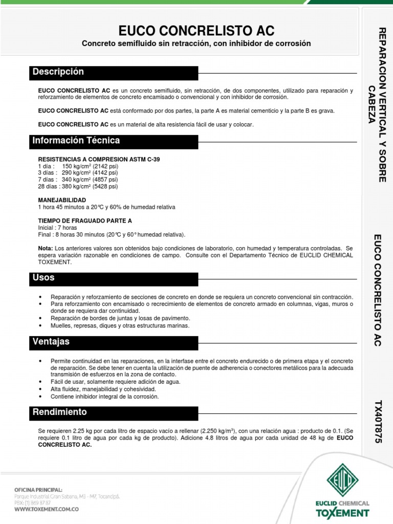 Ficha Tecnica Euco Concrelisto Ac | PDF | Hormigón | Agua