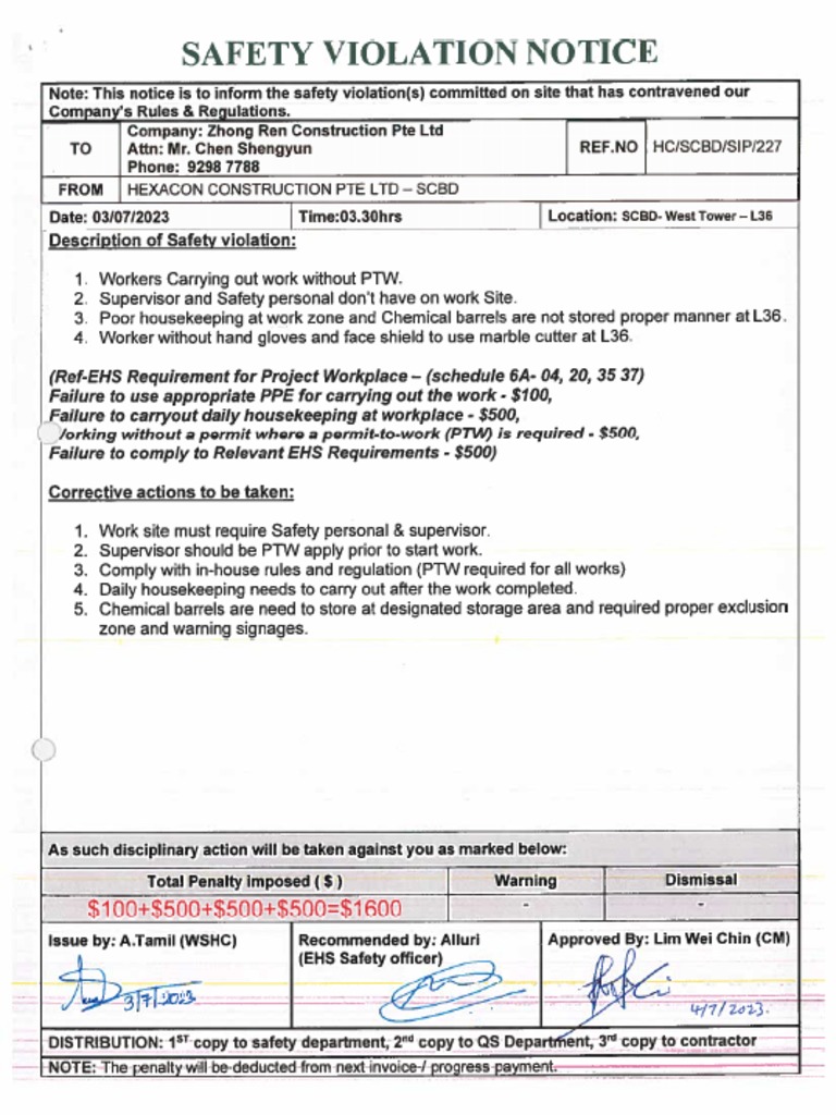 Safety Violation Notice - Ref No HC-SCBD-SIP-227-03!07!2023 | PDF