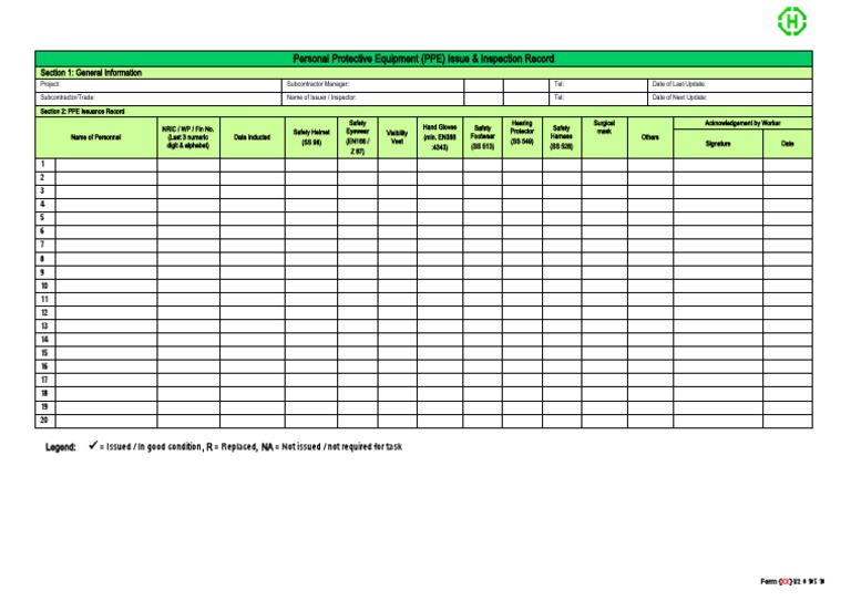 PPE Issuance & Inspection Record Template | PDF