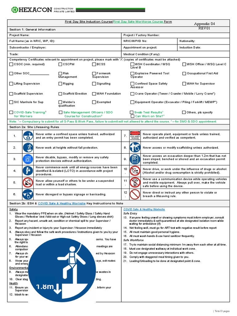 First Day Site Induction Course Form | PDF