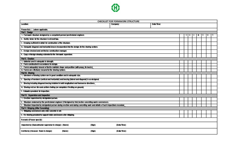 Checklist For Formwork Structure | PDF
