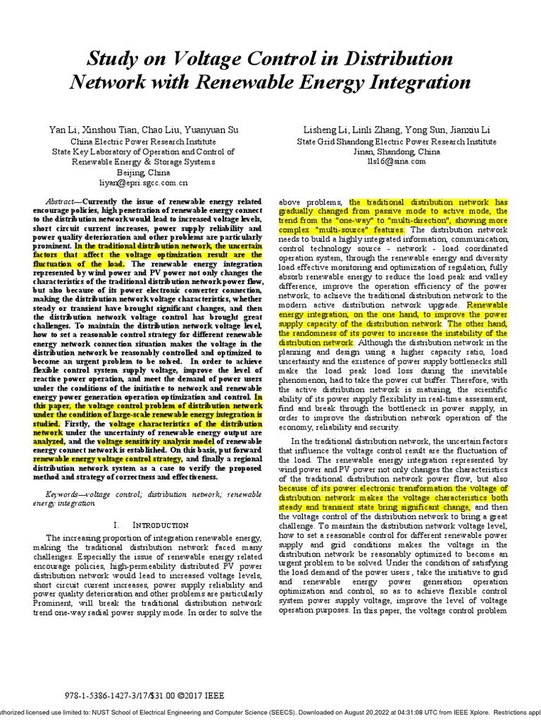 Study On Voltage Control in Distribution Network With Renewable Energy Integration | PDF ...