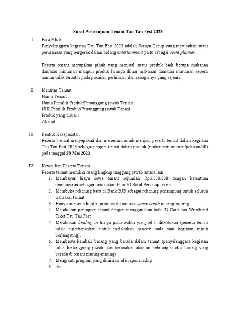 Surat Persetujuan Tenant Tau Tau Fest Salinan | PDF