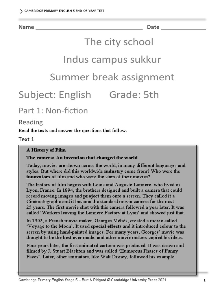 Summer Work English Grade 5 | PDF | Language Arts & Discipline