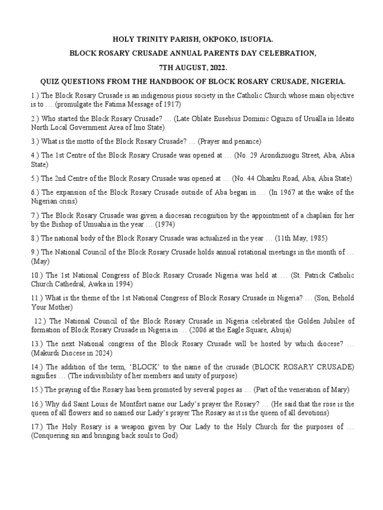 Block Rosary Quiz 2, H. T. P., Isuofia | Download Free PDF | Rosary | Christian Worship And Liturgy