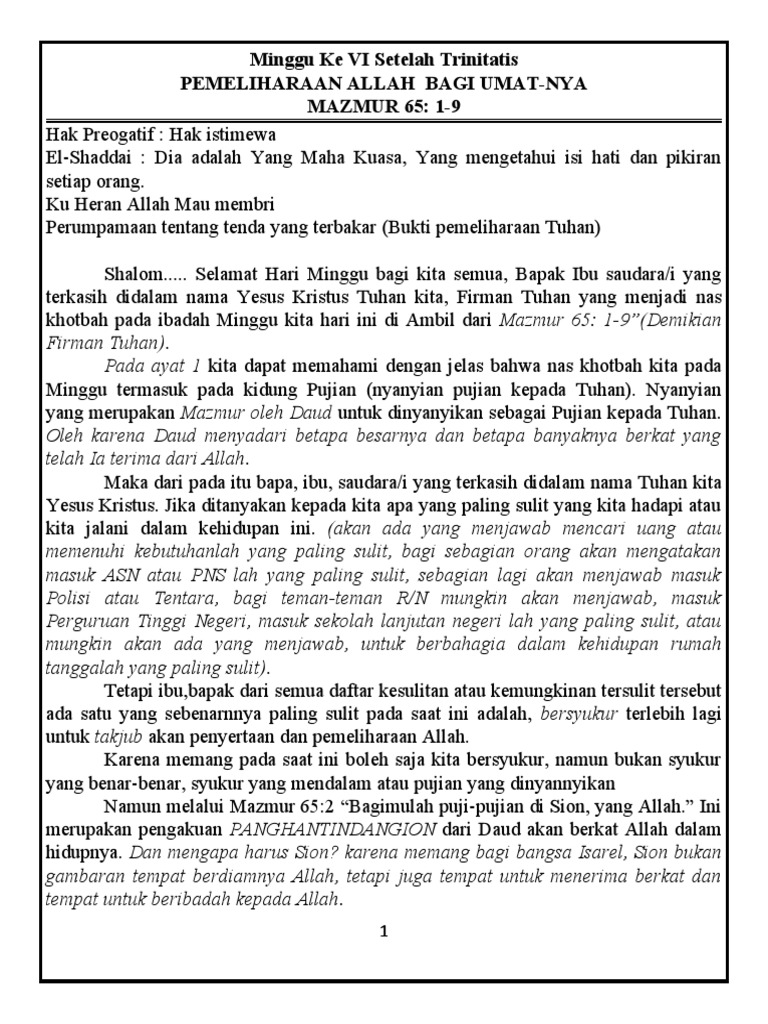 Bahan Khotbah Minggu VI Sesudah Trinitatis | PDF