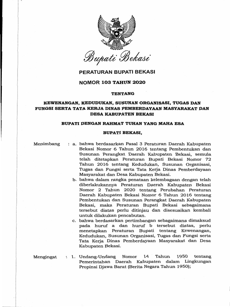 PERBUP Nomor 103 Tahun 2020 | PDF