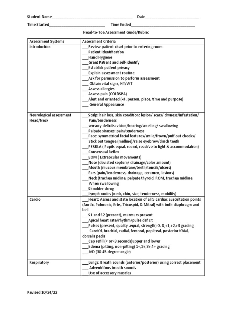 Head To Toe Assessment Rubric | PDF