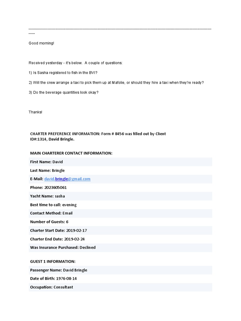 CHARTER PREFERENCE INFORMATION: Form # 8456 Was Filled Out by Client ID ...