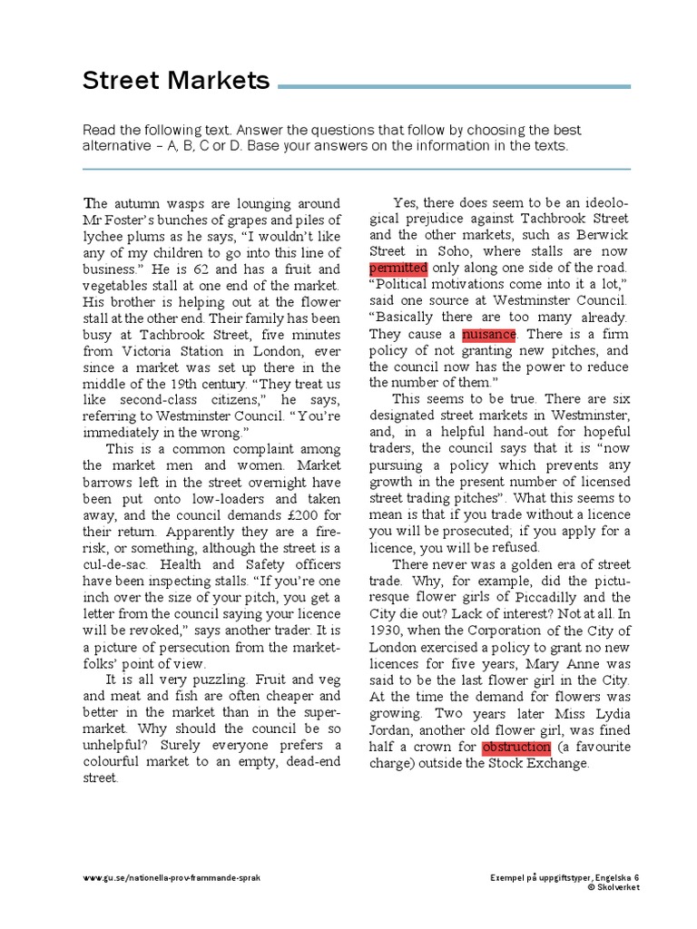 English 6 Reading Test Street Markets | PDF