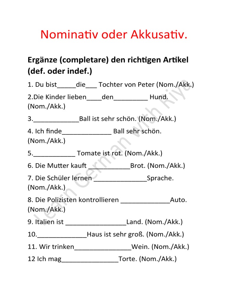 Nominativ Oder Akkusativ Arbeitsblatt | PDF