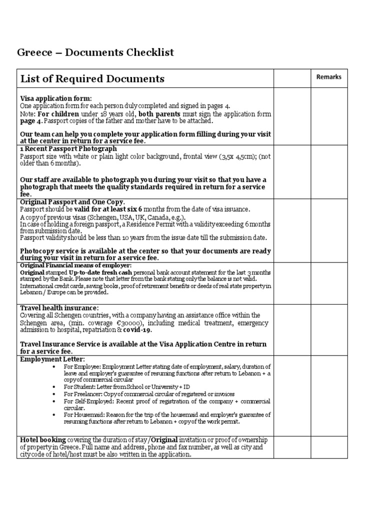 Greece Documents Checklist | PDF