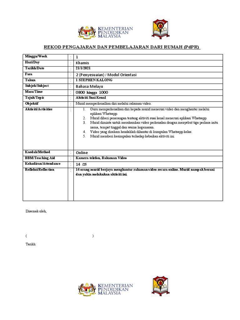 RPH Tahun 1 Minggu Transisi | PDF