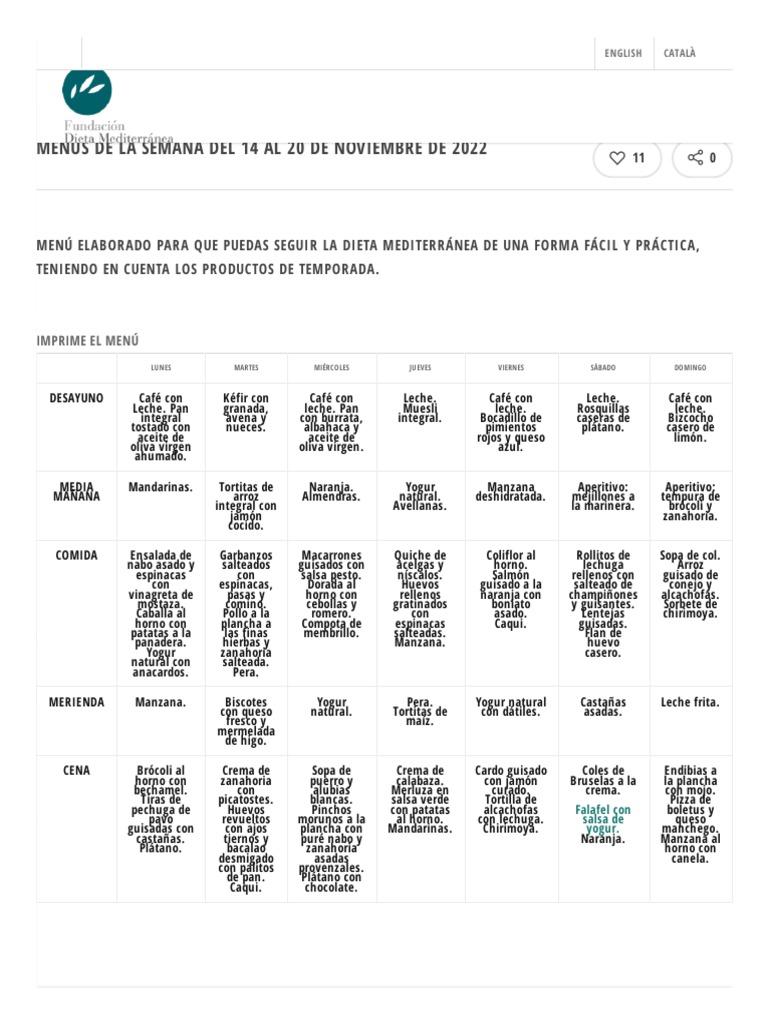 Menús de La Semana Del 14 Al 20 de Noviembre de 2022 - FUNDACIÓN DIETA MEDITERRANEA | PDF
